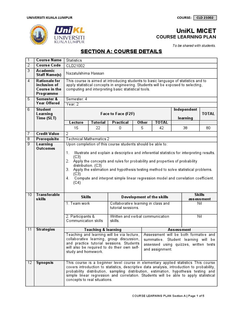 Section A: Course Details: Unikl Micet | PDF | Statistics | Regression ...