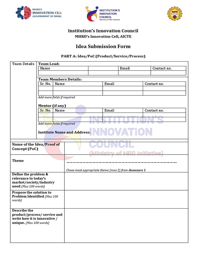Idea Submission Form: Institution's Innovation Council | PDF ...