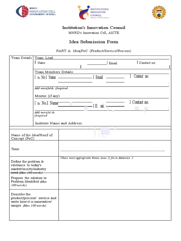 I No.I Name I Email I Contact No. I: Idea Submission Form | PDF ...