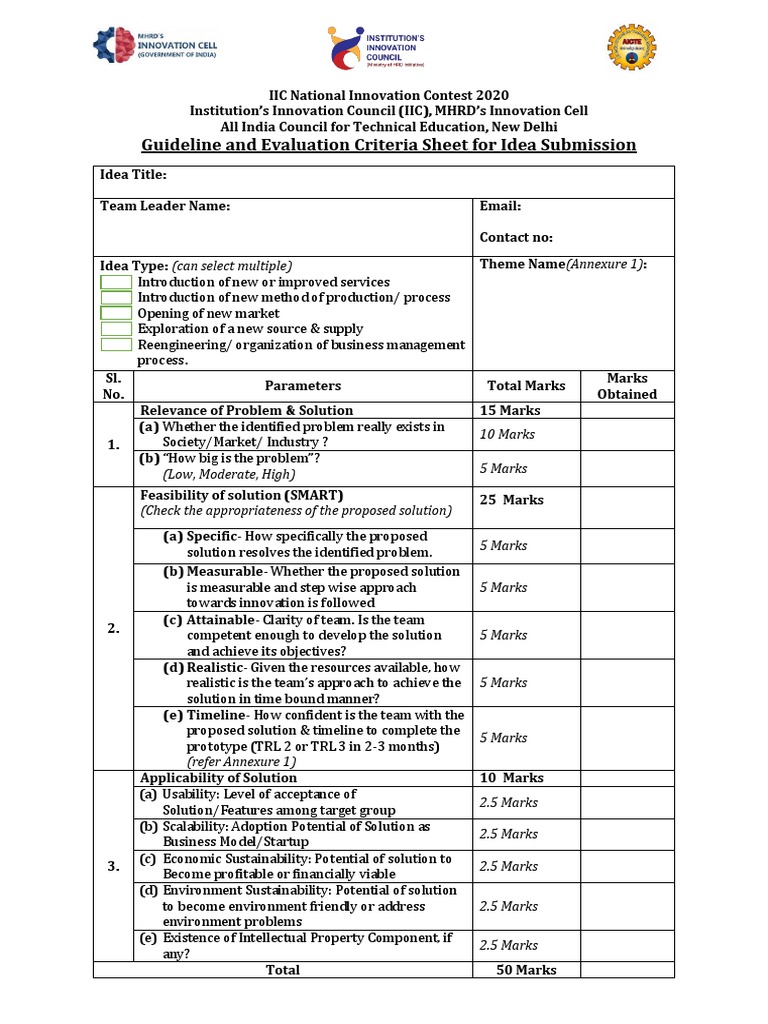 Guideline and Evaluation Criteria Sheet For Idea Submission | PDF ...