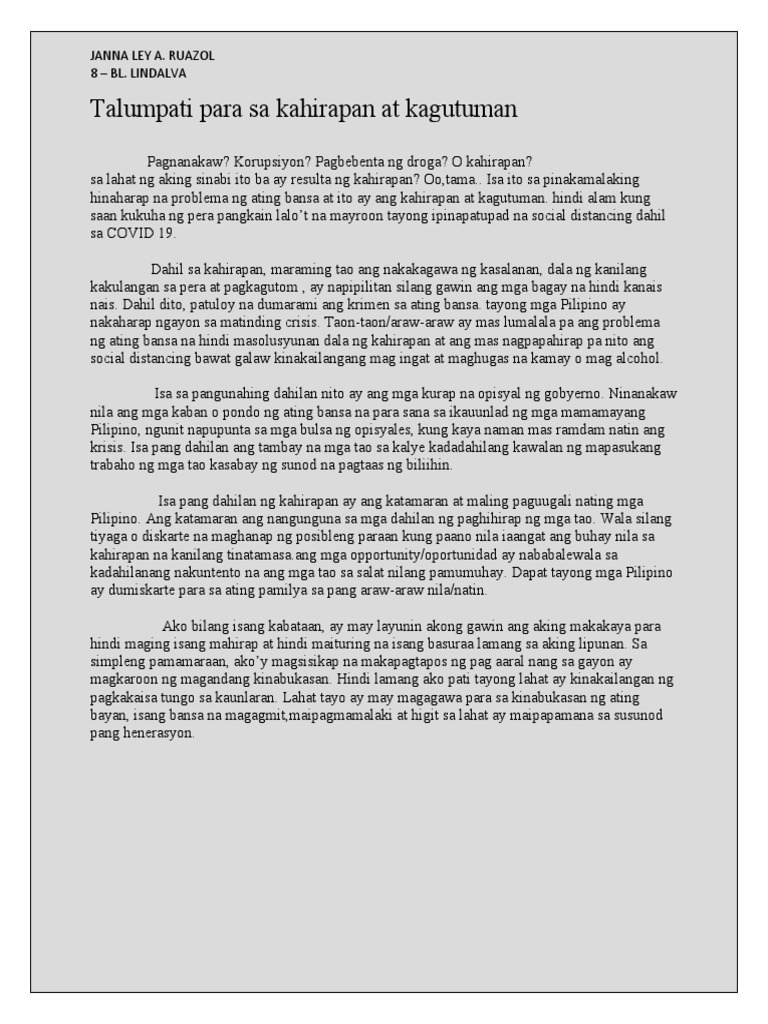 Talumpati para Sa Kahirapan at Kagutuman | PDF