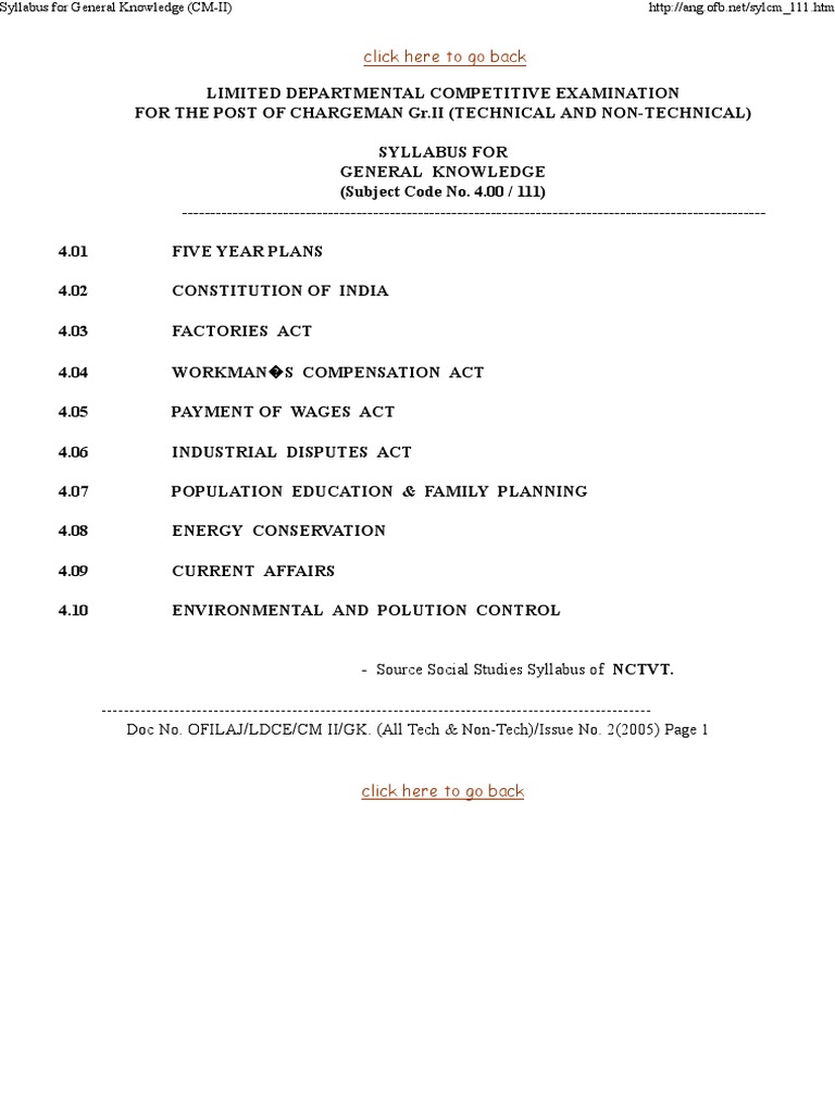 General Knowledge Syllabus for Chargeman Exam | PDF