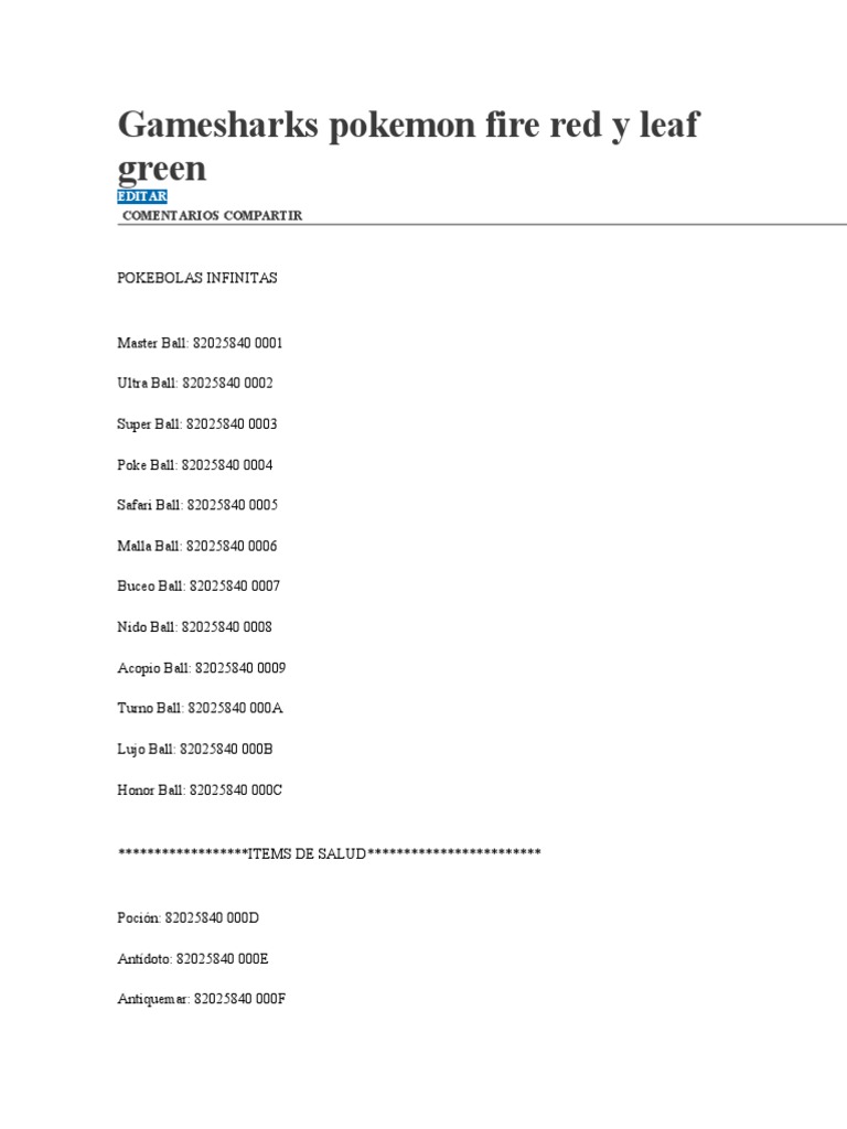 Gamesharks Pokemon Fire Red y Leaf Green | PDF | Pokémon | Nintendo ...