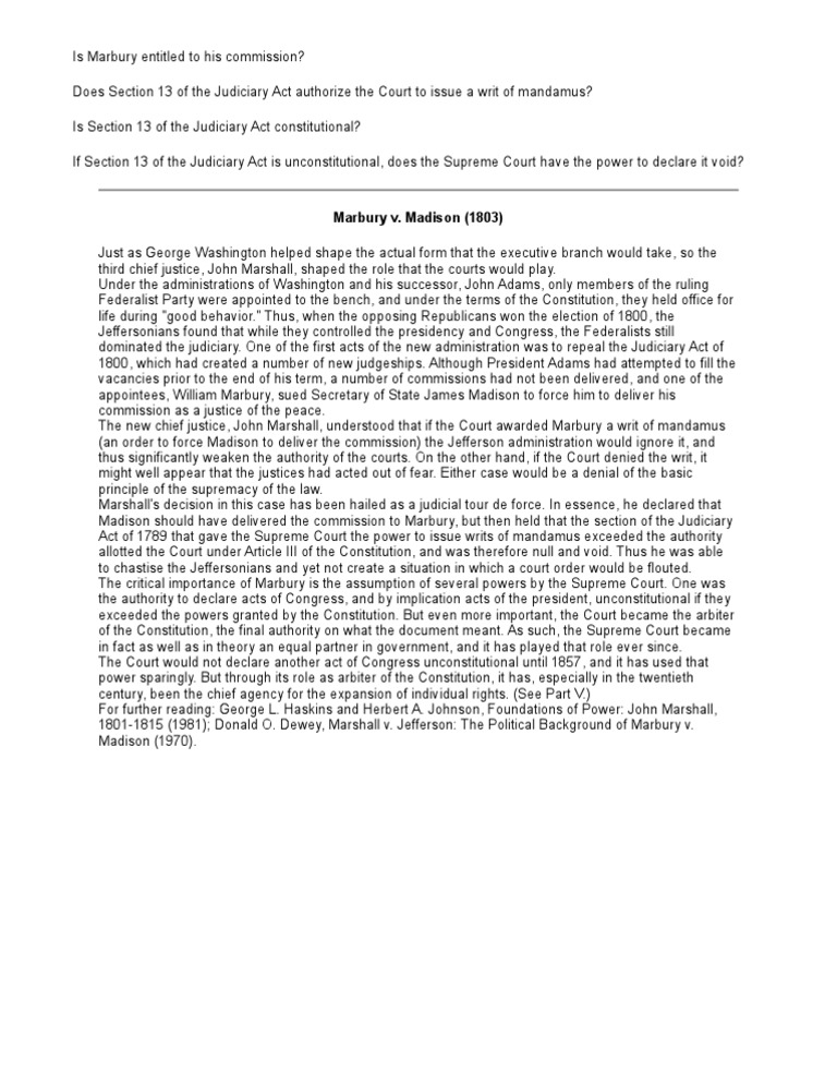 Notes - Marbury Vs Madison | PDF | Marbury V. Madison | John Marshall