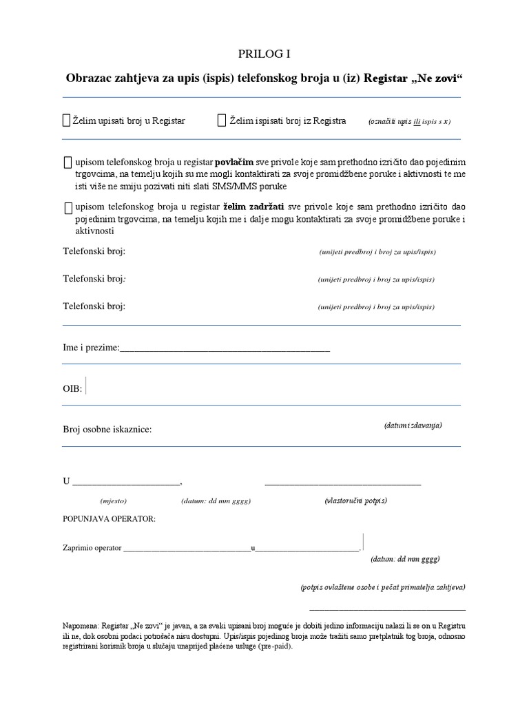 Obrazac Registar Ne Zovi PDF | PDF