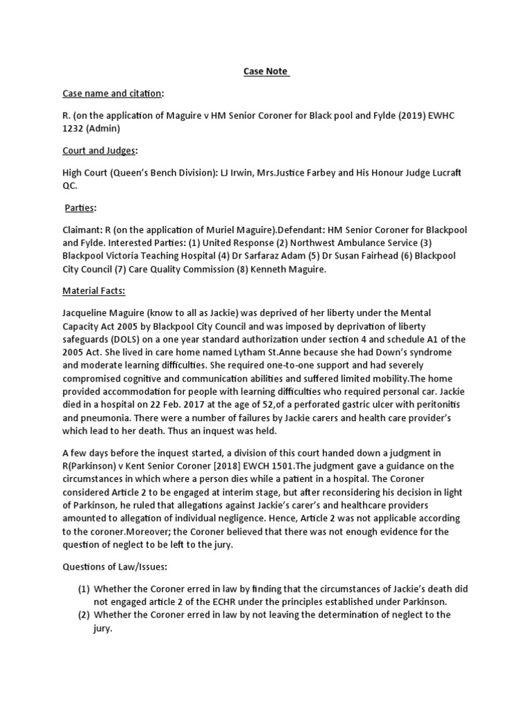 Case Note | PDF | Coroner | Negligence
