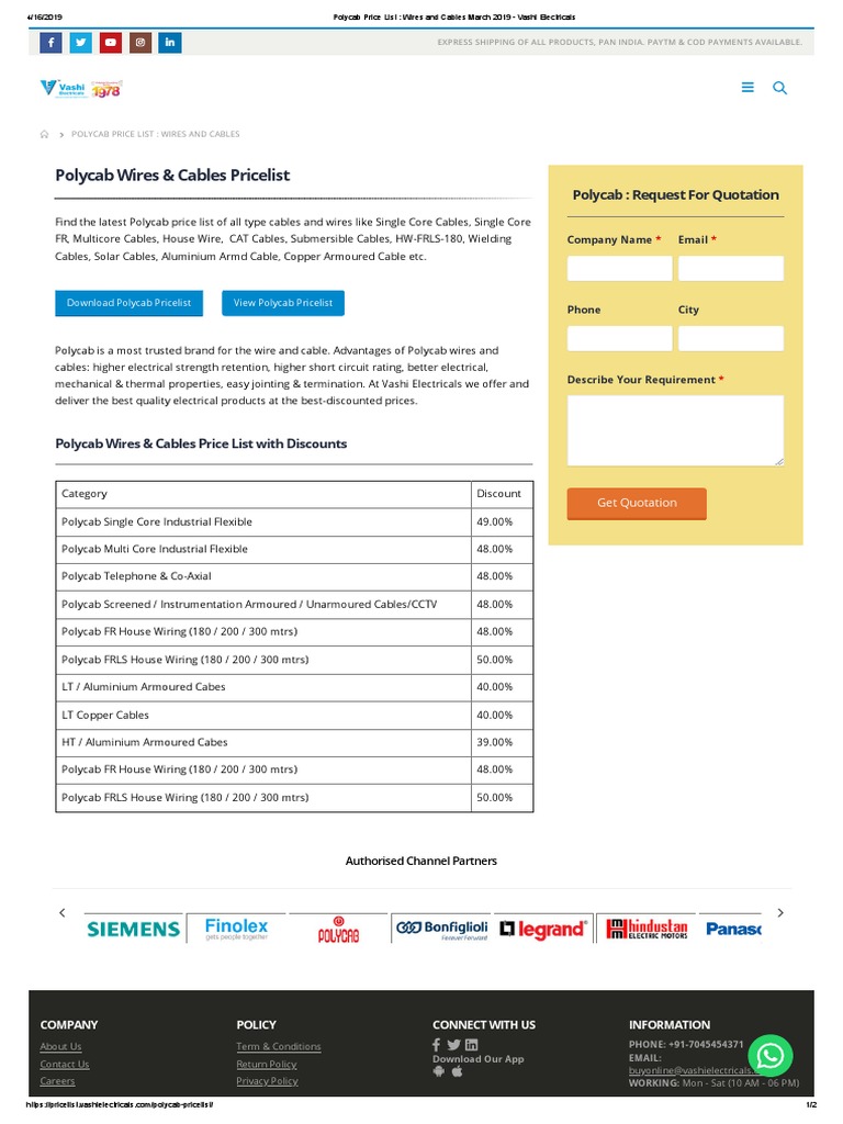 Polycab Price List - Wires and Cables March 2019 | PDF | Electrical ...