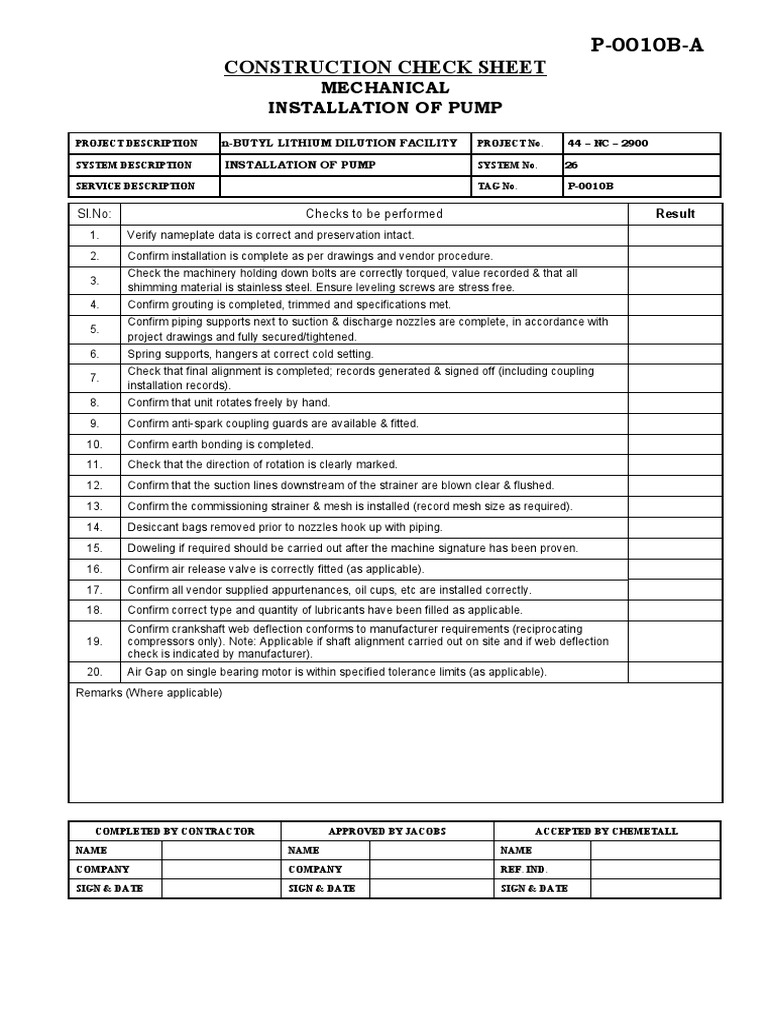 Construction Check Sheet P-0010B-A: Mechanical Installation of Pump ...