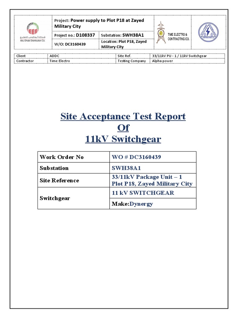 Site Acceptance Test Report of 11kV Switchgear: Work Order No ...