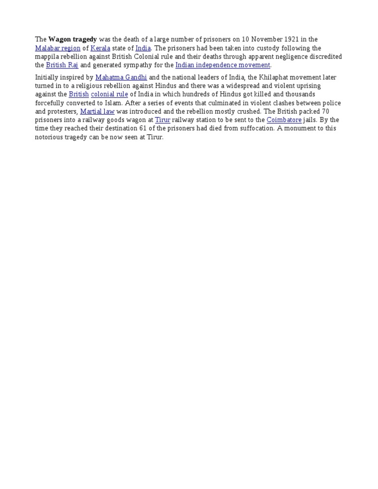 Malabar Wagon Tragedy of 1921 | PDF