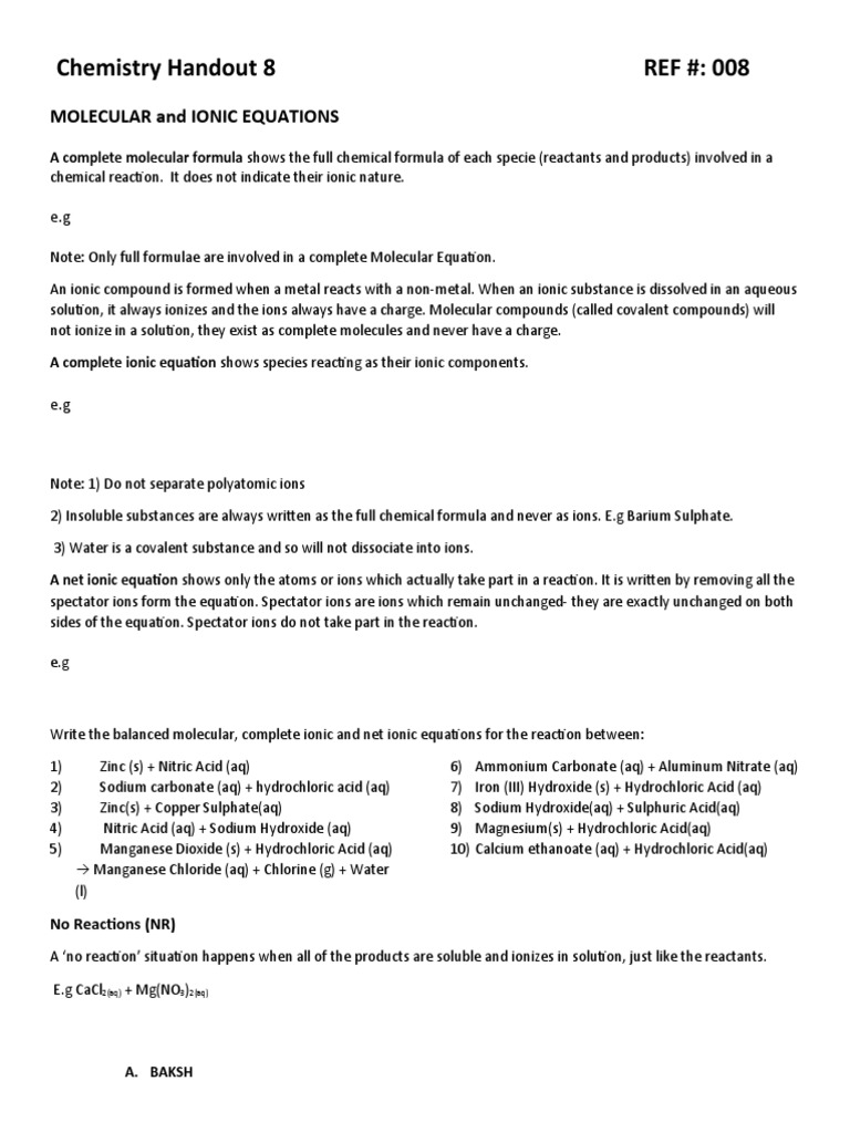 Chemistry Handout 8 REF #: 008: Molecular and Ionic Equations | PDF ...