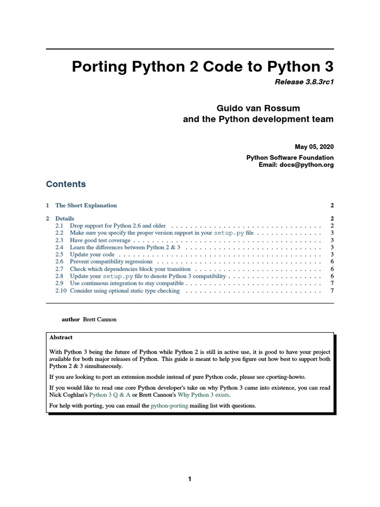 Porting Python 2 Code To Python 3: Guido Van Rossum and The Python Development Team | PDF ...