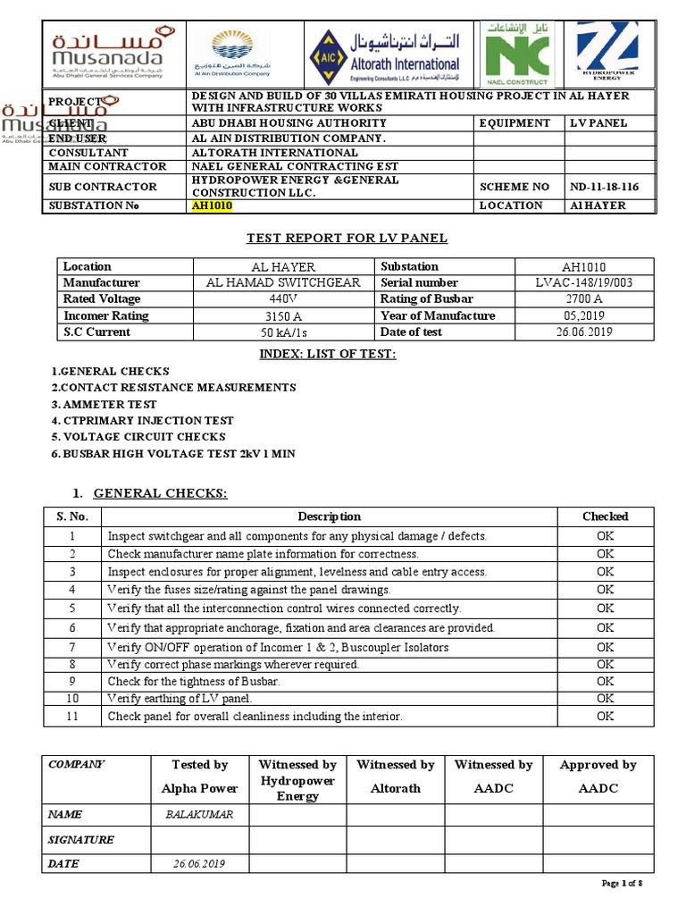 Test Report For LV Panel | PDF | Electrical Substation | United Arab ...