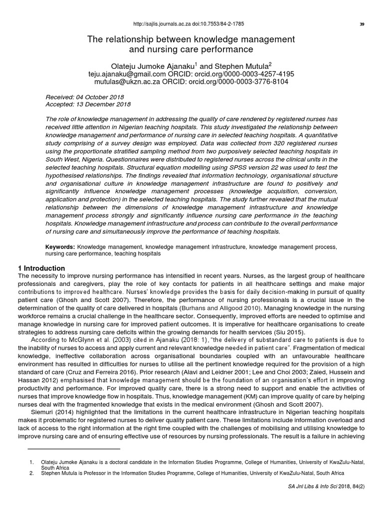 The Relationship Between Knowledge Management and Nursing Care Performance | Download Free PDF ...