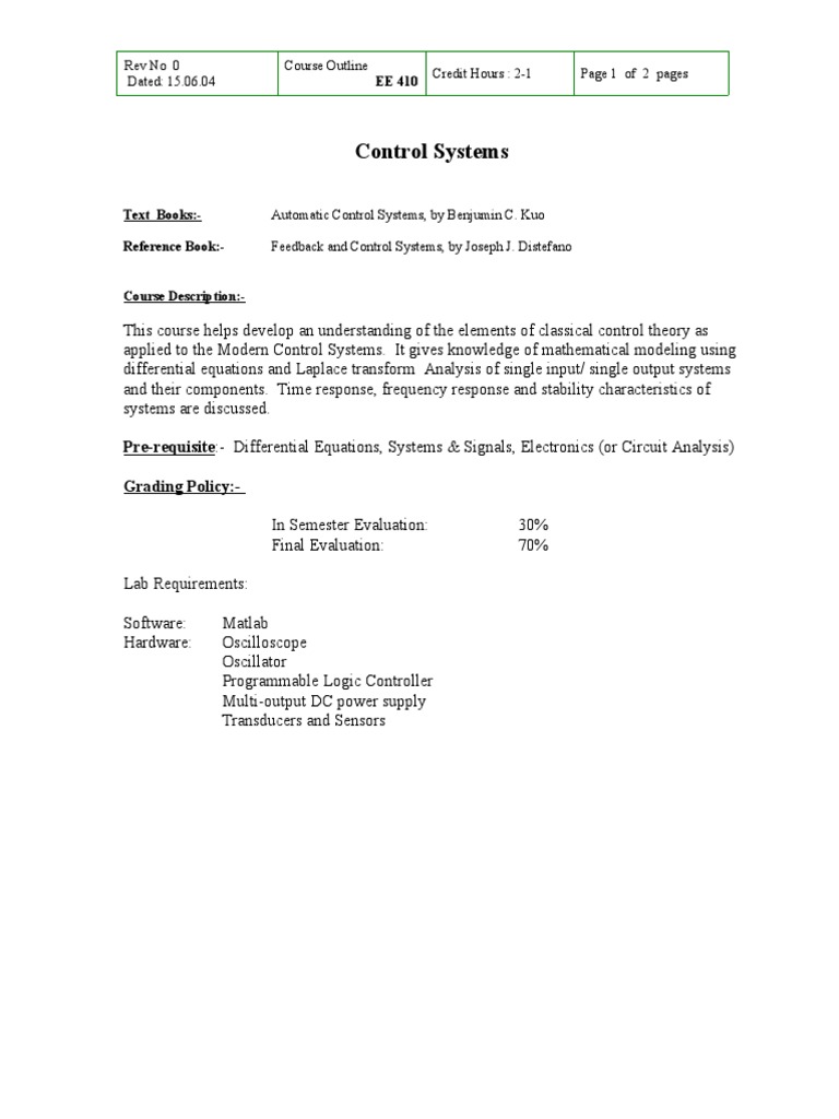 Control Systems - EE410 | PDF | Control Theory | Laplace Transform
