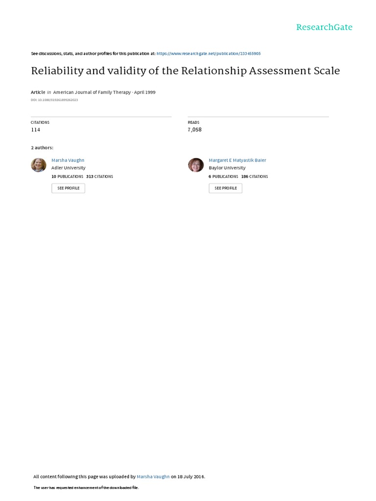 Reliability and Validity of The Relationship Assessment Scale | PDF
