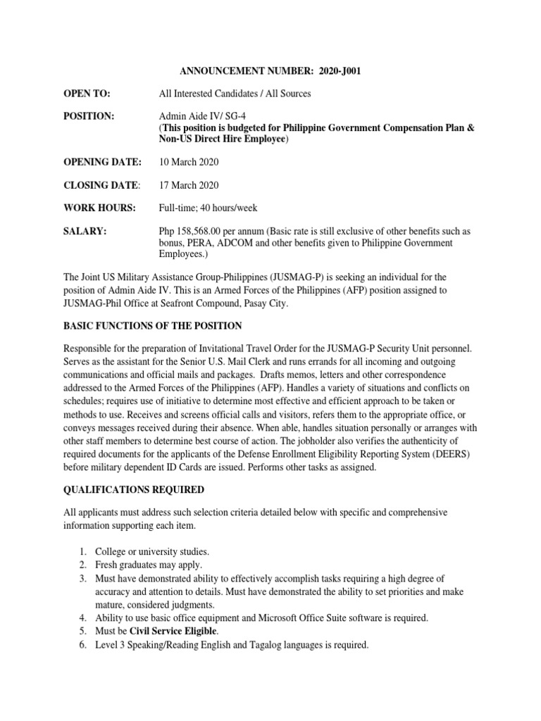 Admin Aide IV Job Opening at JUSMAG-P | PDF | Mail | Employment