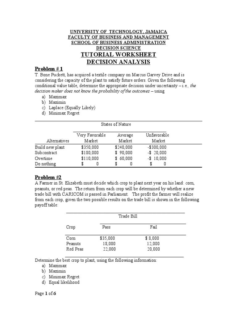 DS TUTORIAL 1 Decision Analysis Sem 1 2016-17 | PDF | Economics | Economies
