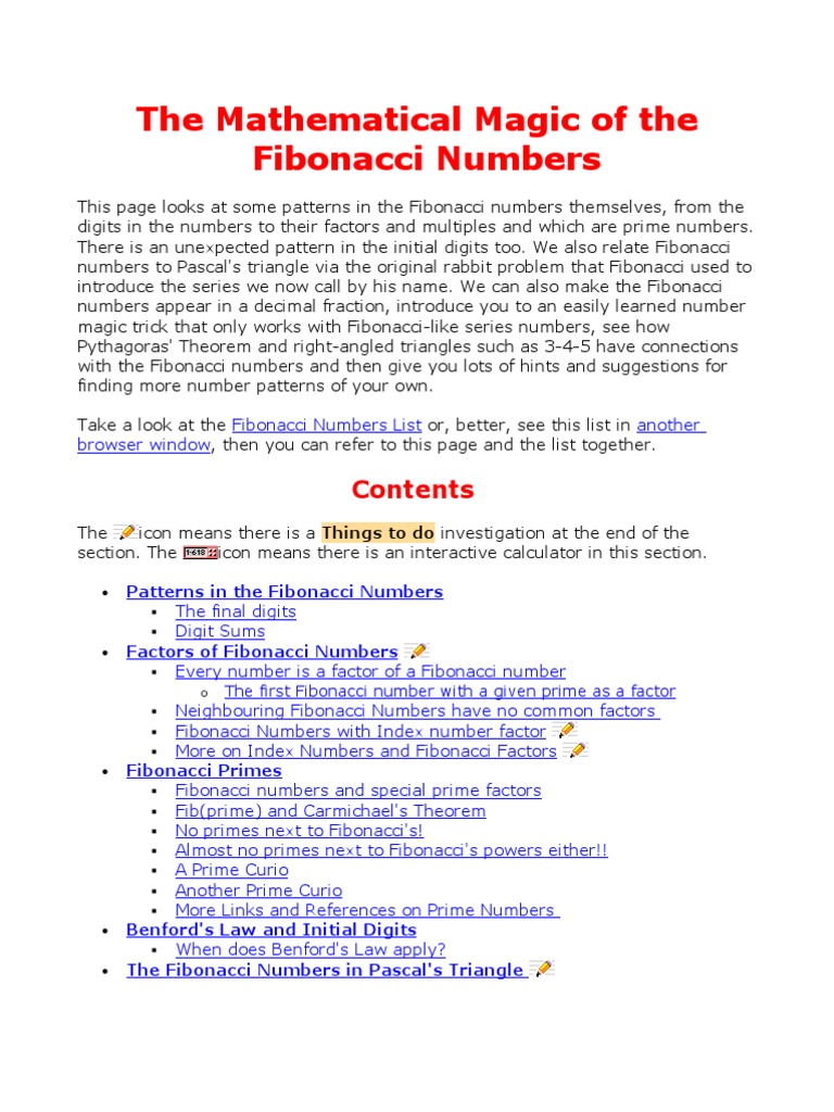 The Mathematical Magic of The Fibonacci Numbers | PDF | Numbers ...