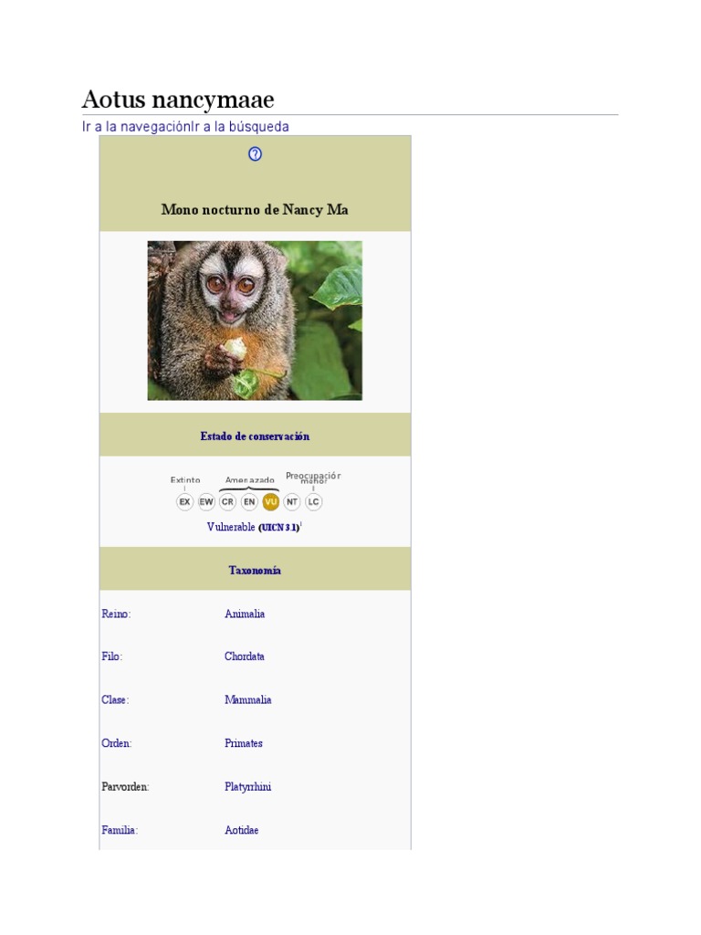 Aotus Nancymaae: Mono Nocturno de Nancy Ma | PDF | Taxonomía de ...