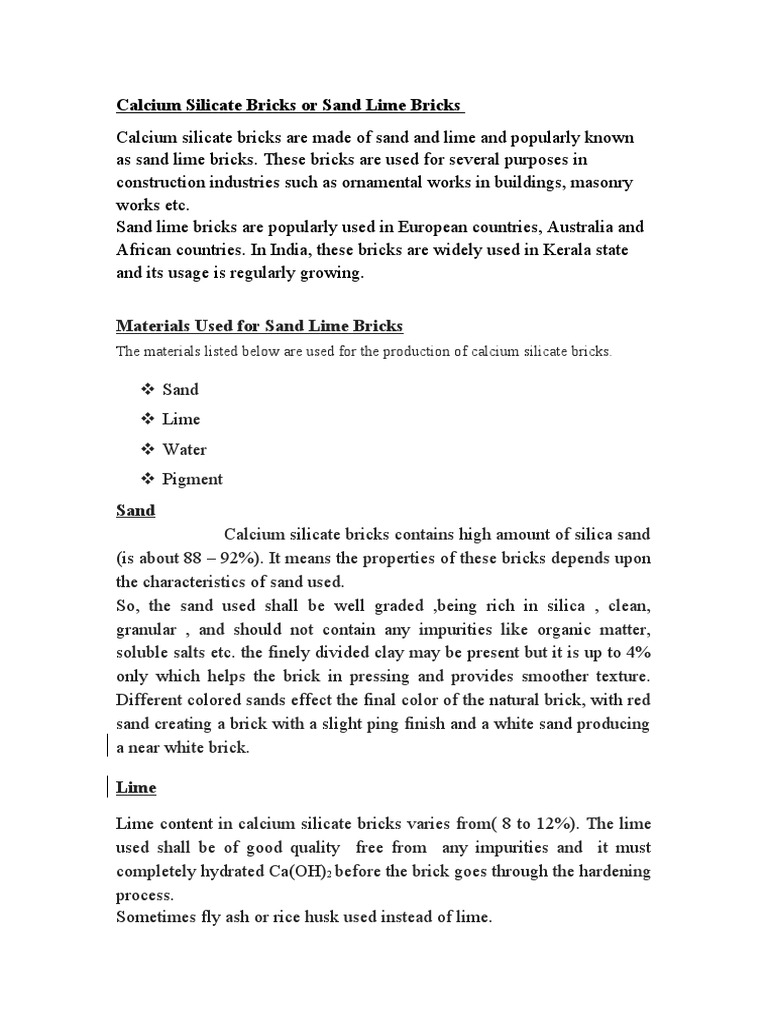 Calcium Silicate Bricks Overview | PDF | Lime (Material) | Brick