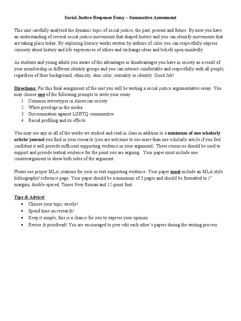 Social Justice Summative Assessment | PDF