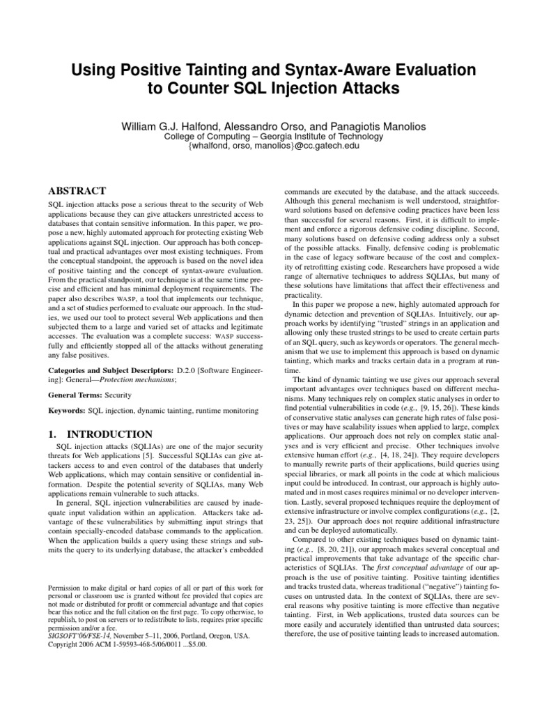 Using Positive Tainting and Syntax-Aware Evaluation To Counter SQL Injection Attacks | PDF ...