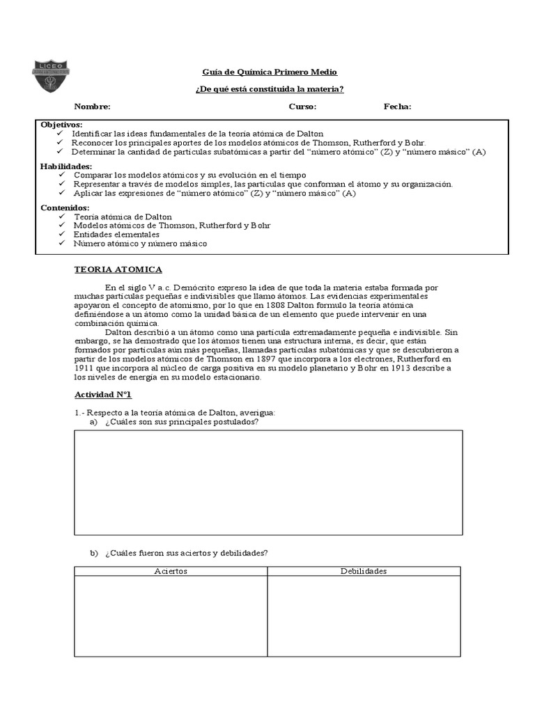 Guía De Química Primero Medio Pdf átomos Núcleo Atómico
