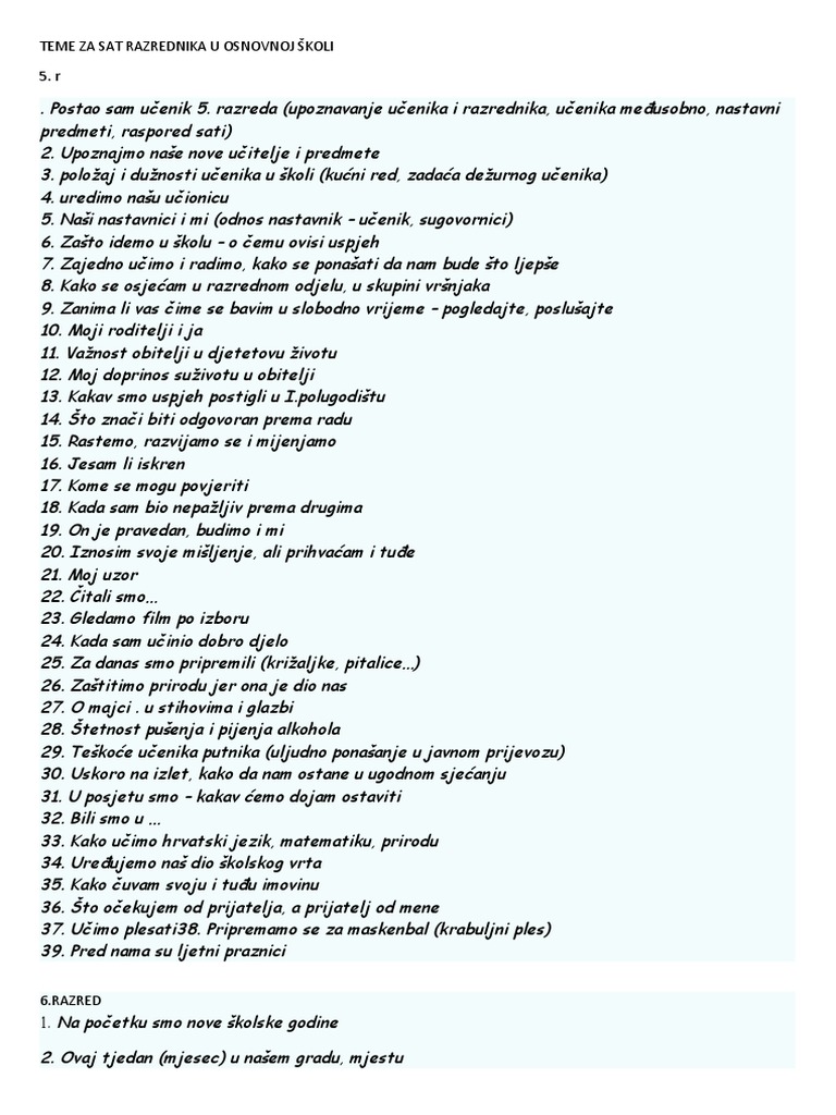 Teme Za Sat Razrednika U Viši Razredima OŠ | PDF
