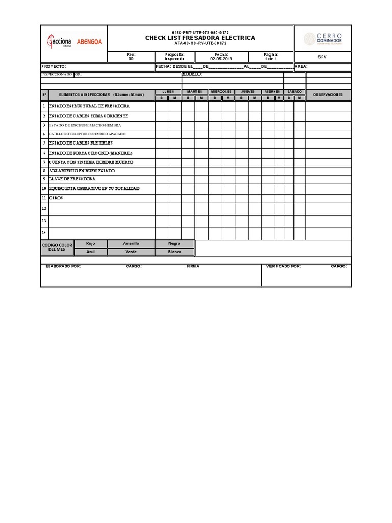 0186-FMT-UTE-079-050-0172 - Rev00 - Check List Fresadora Electrica | PDF