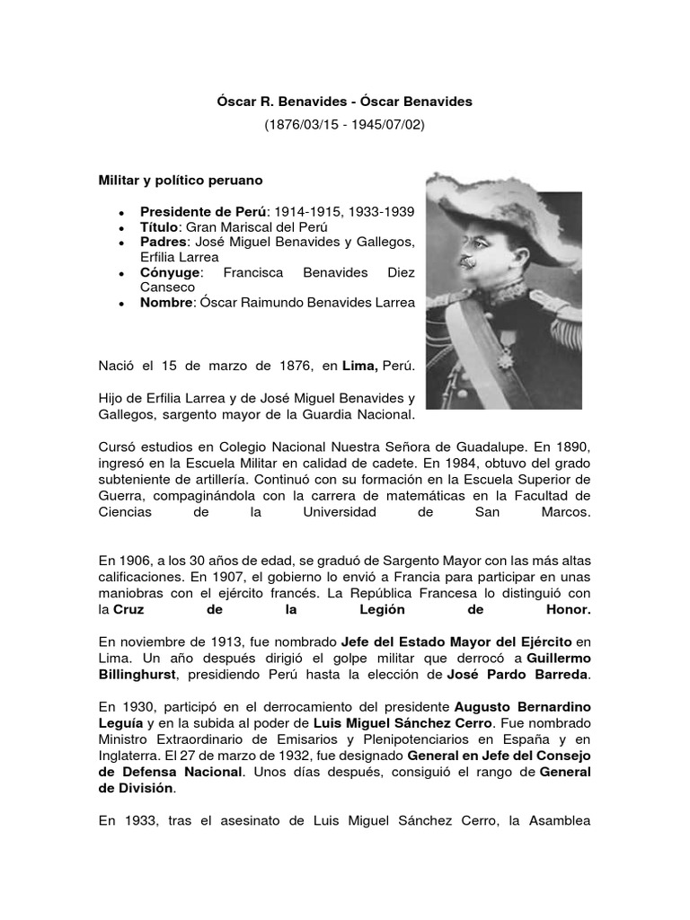 Biografía de Óscar R. Benavides | PDF | América del Sur | Gobierno
