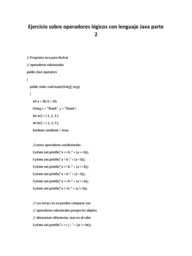 Operadores Lógicos en Java Ejemplos | PDF | Java (lenguaje de ...