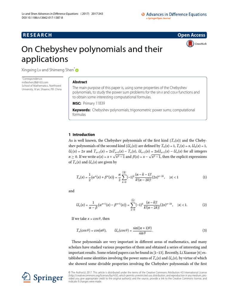 On Chebyshev Polynomials And Their Applications Research Open Access