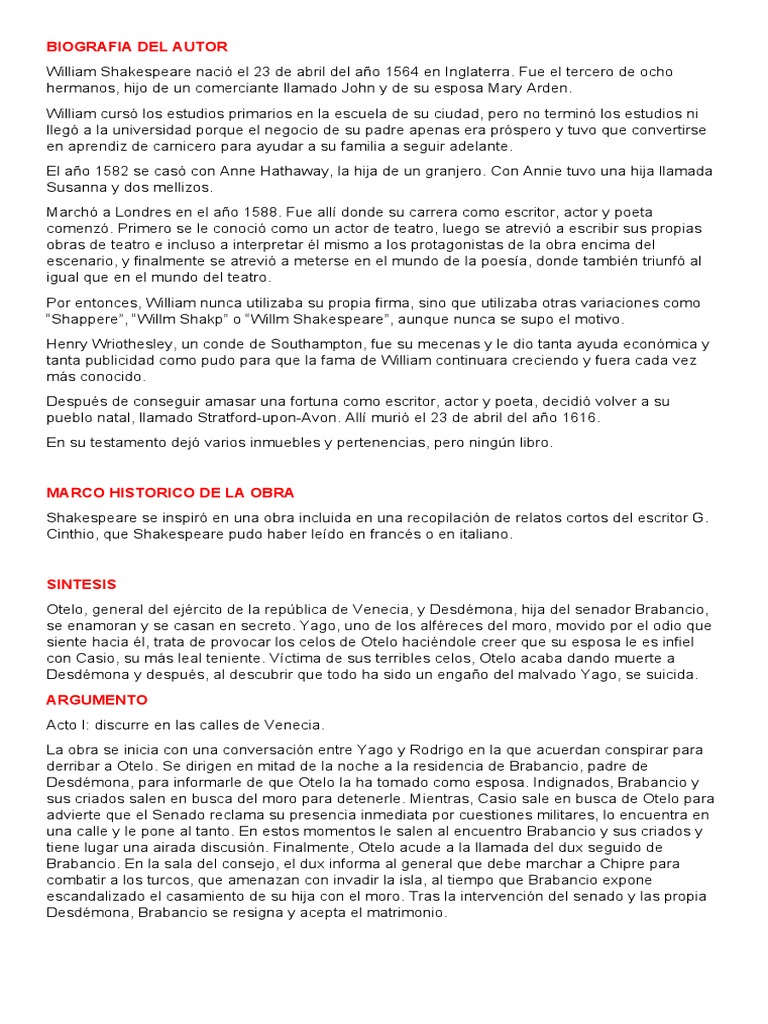 Analisis Obra Otelo El Moro de Venecia | PDF | OTELO | Tragedias de ...