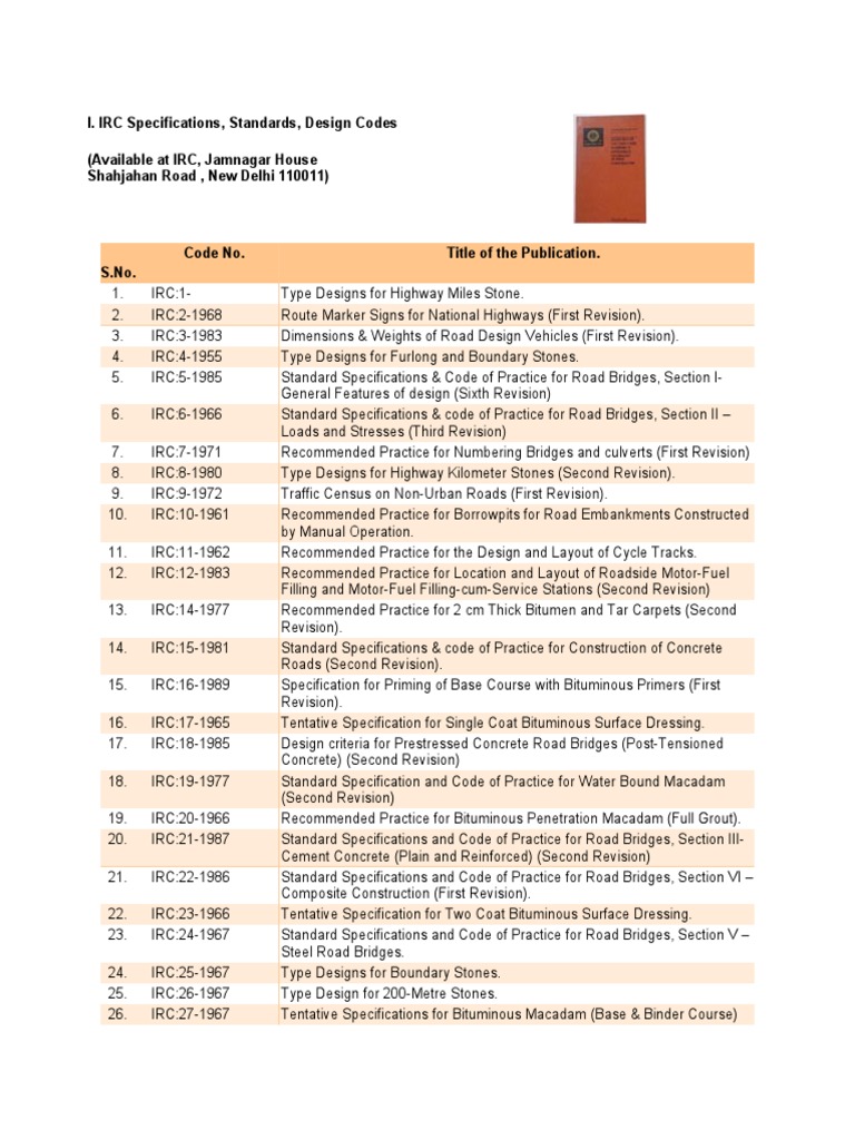 I. IRC Specifications, Standards, Design Codes (Available at IRC ...