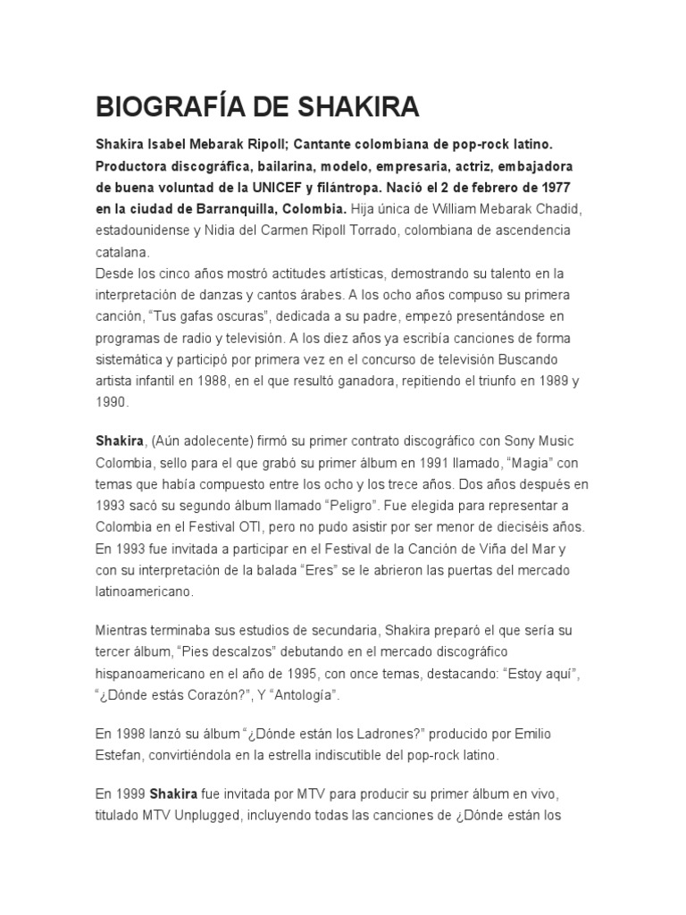 Biografía Completa de Shakira | PDF | Musica en español | Industria de ...