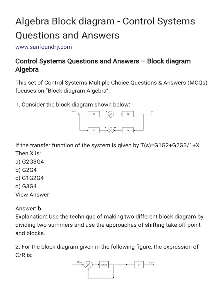Algebra Block Diagram - Control Systems Questions and Answers | PDF ...