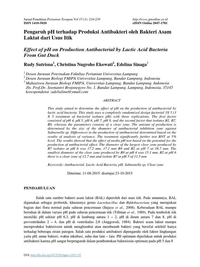 Pengaruh PH Terhadap Produksi Antibakteri Oleh Bakteri Asam Laktat Dari Usus Itik | PDF ...