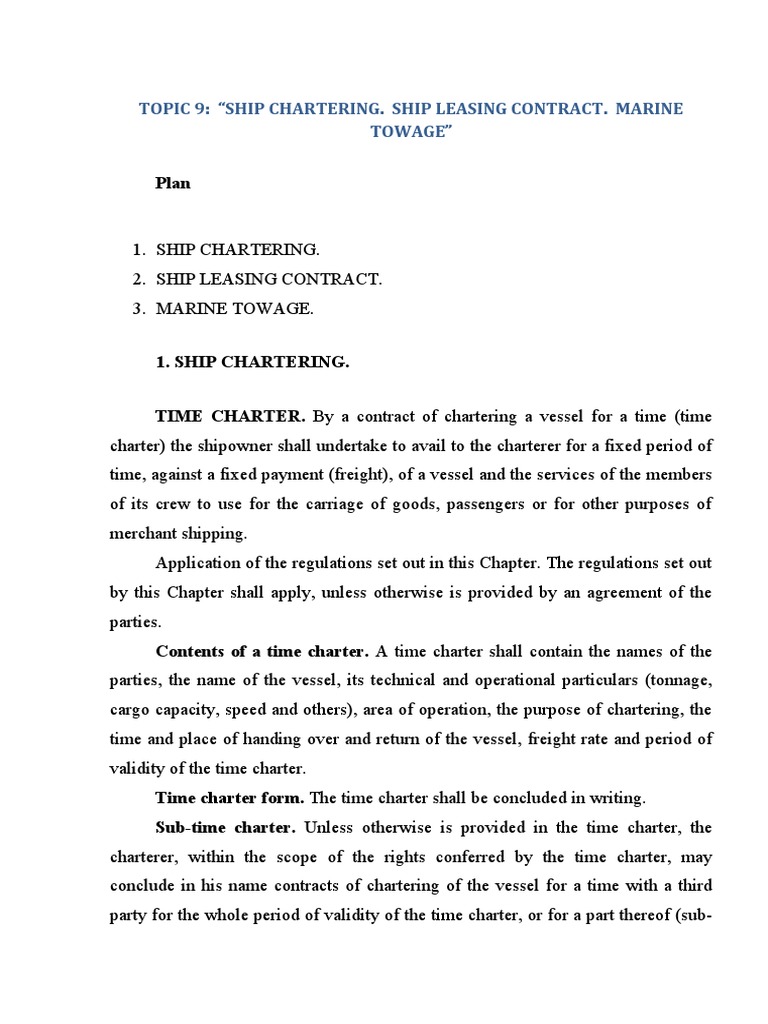 Topic 9: "Ship Chartering. Ship Leasing Contract. Marine Towage" | PDF ...
