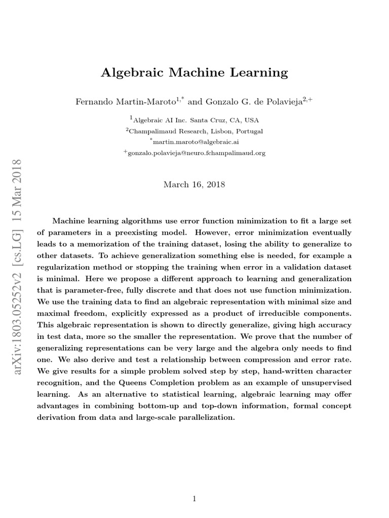 Algebraic Machine Learning: Fernando Martin-Maroto and Gonzalo G. de Polavieja | PDF | Machine ...