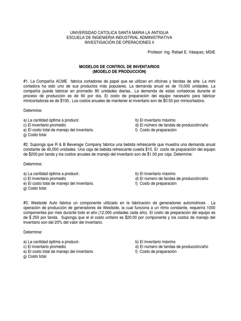 Taller N 5 - Modelos de Control de Inventarios (Manufactura) | Descargar gratis PDF | Inventario ...