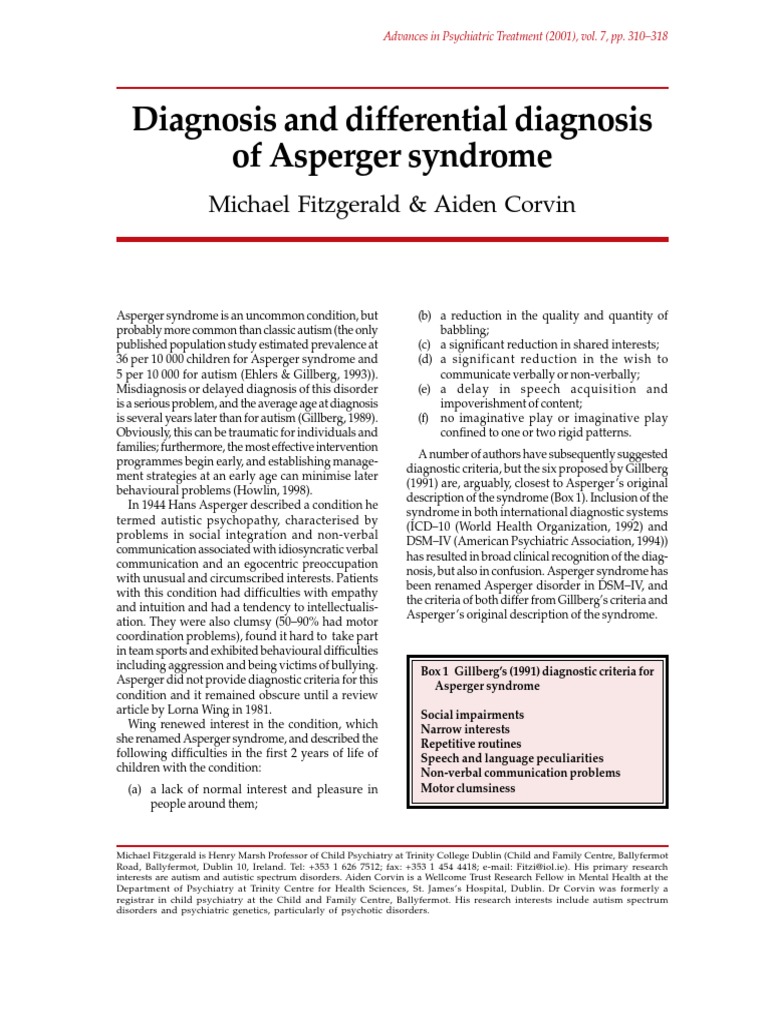 Diagnosis and Differential Diagnosis of Asperger Syndrome: Michael ...
