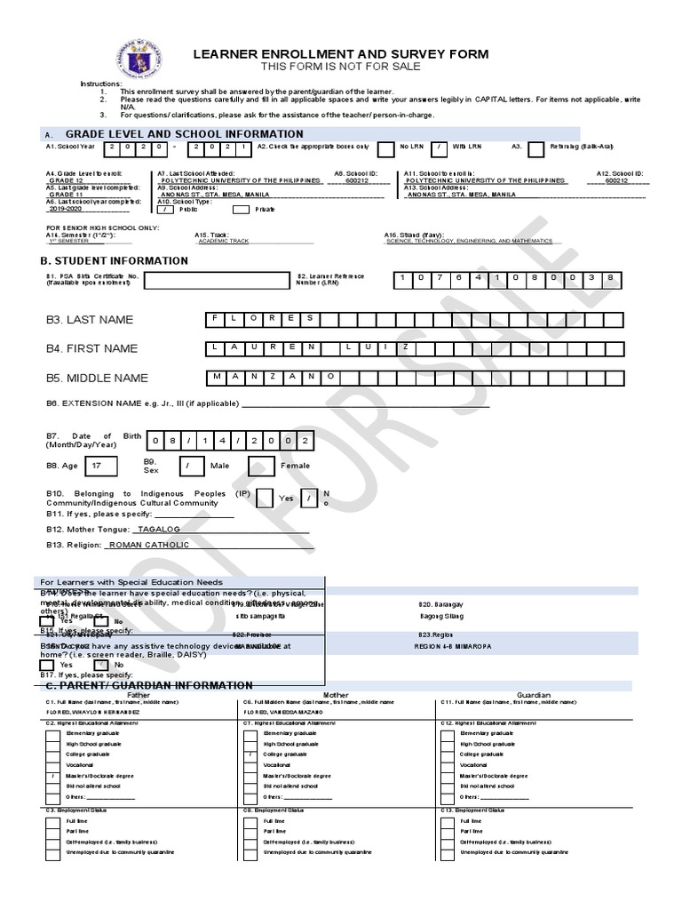 Learner Enrollment and Survey Form: Grade Level and School Information ...