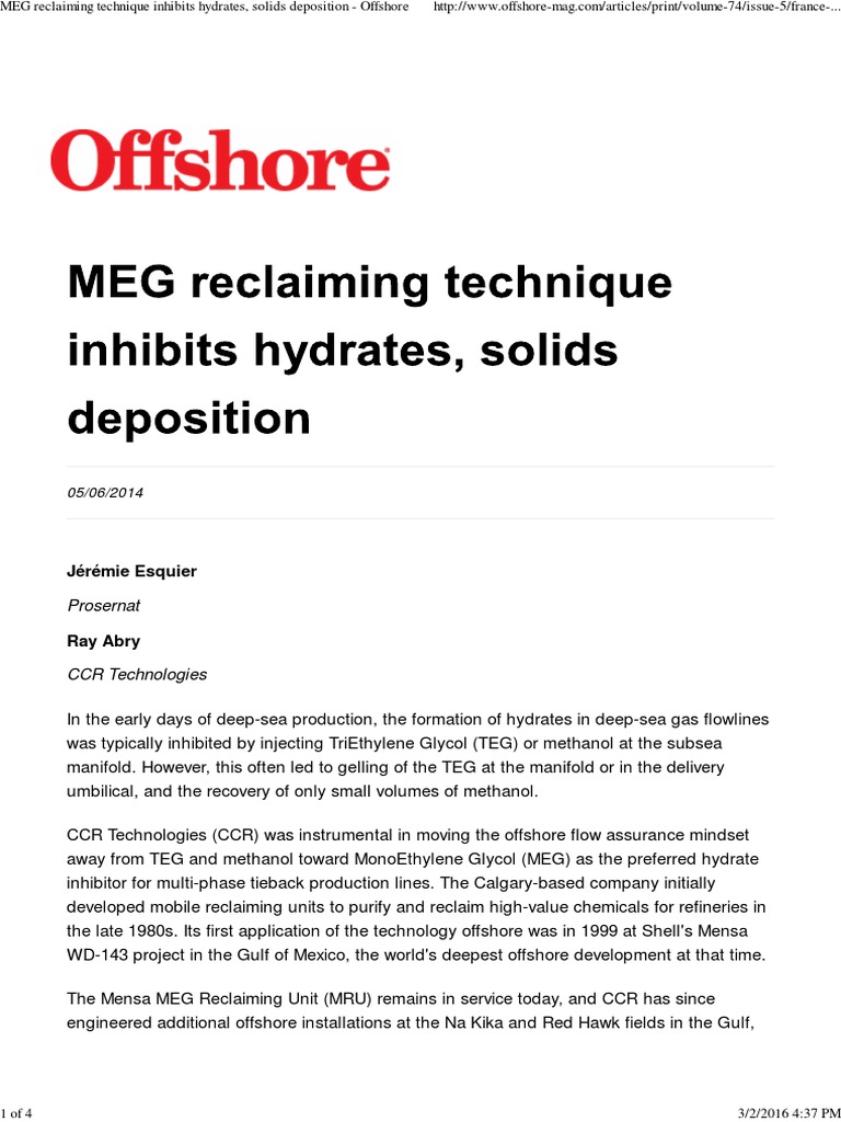 MEG Reclaiming Technique Inhibits Hydrates, Solids Deposition ...