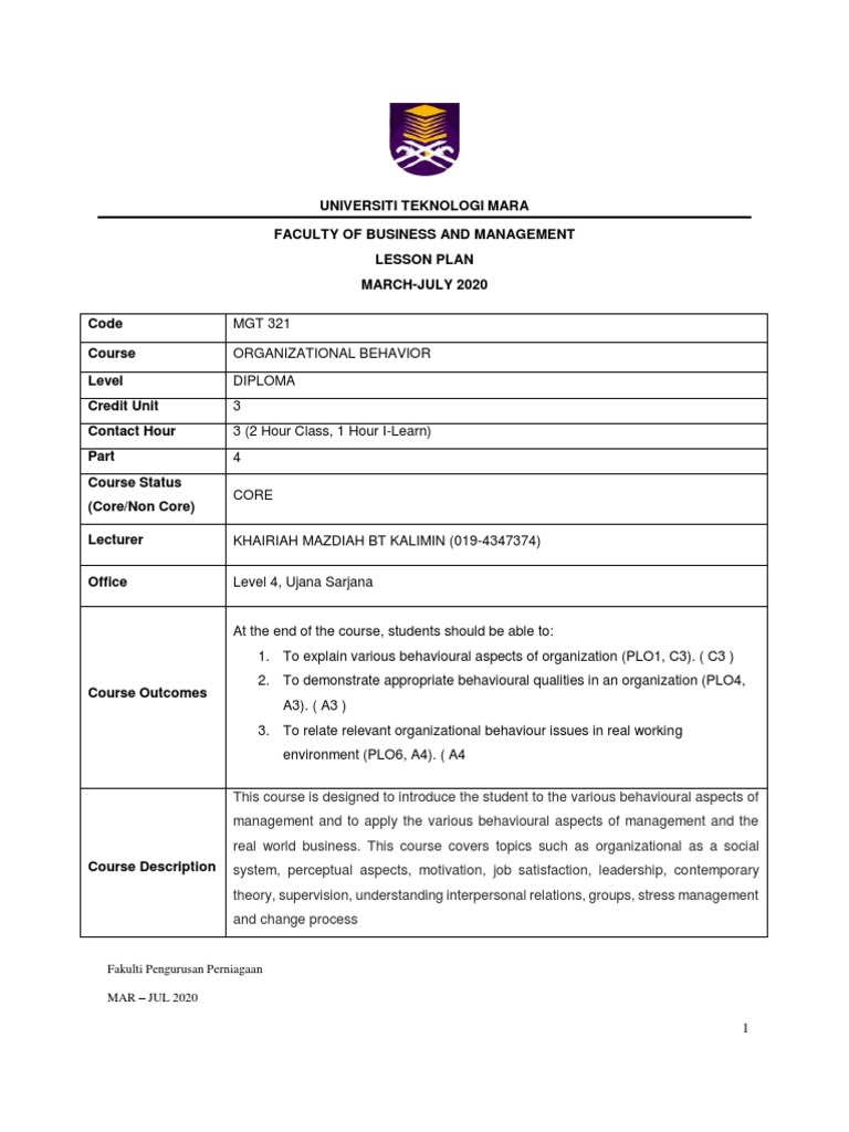 MGT321 Lesson Plan Mar - Jul 2020 | PDF | Behavior | Behavior Modification