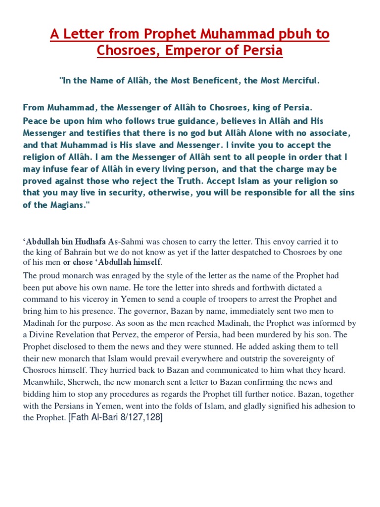A Letter From Prophet Muhammad Pbuh To Chosroes Emperor of Persia | PDF