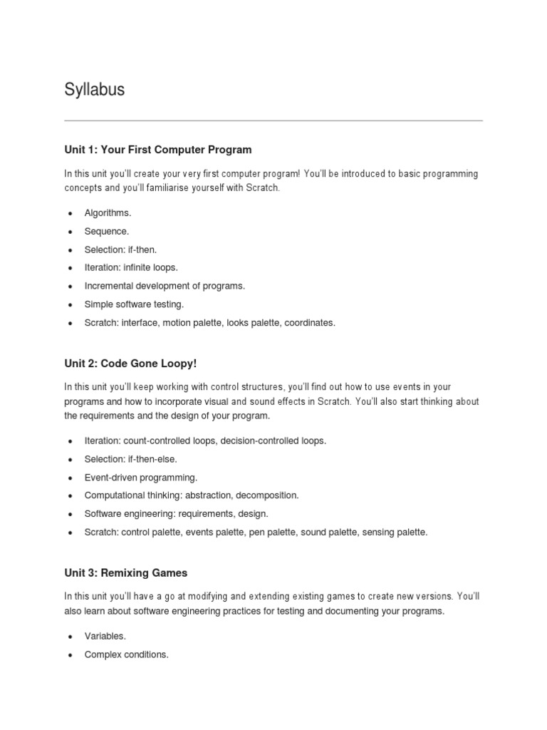 Syllabus: Unit 1: Your First Computer Program | PDF | Scratch ...