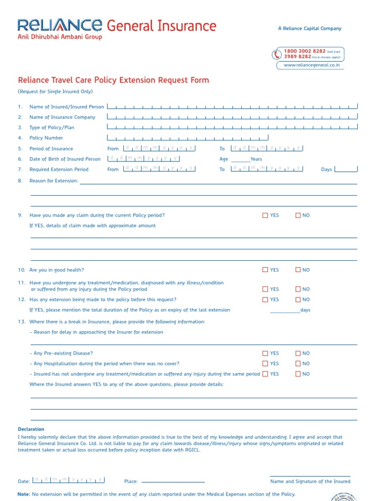 Reliance Travel Care Extension Request Form | PDF | Insurance | Service ...