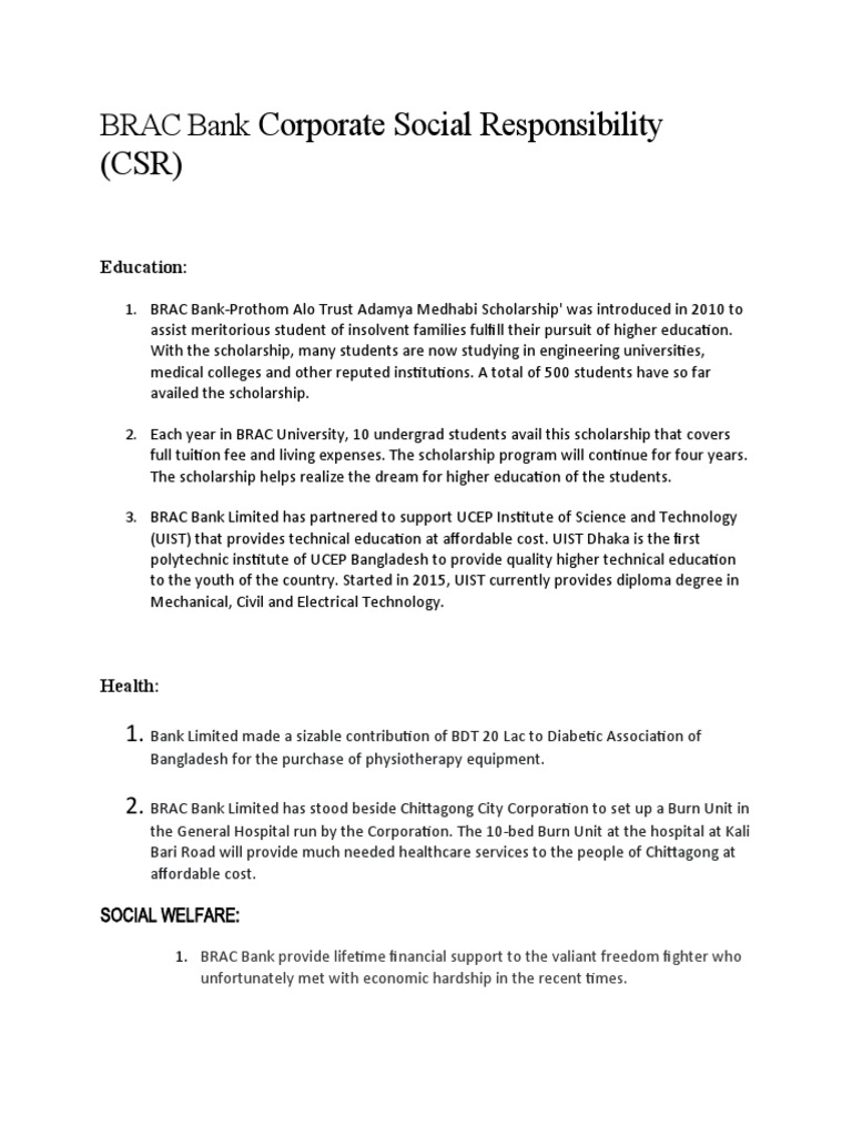 BRAC Bank Corporate Social Responsibility | PDF