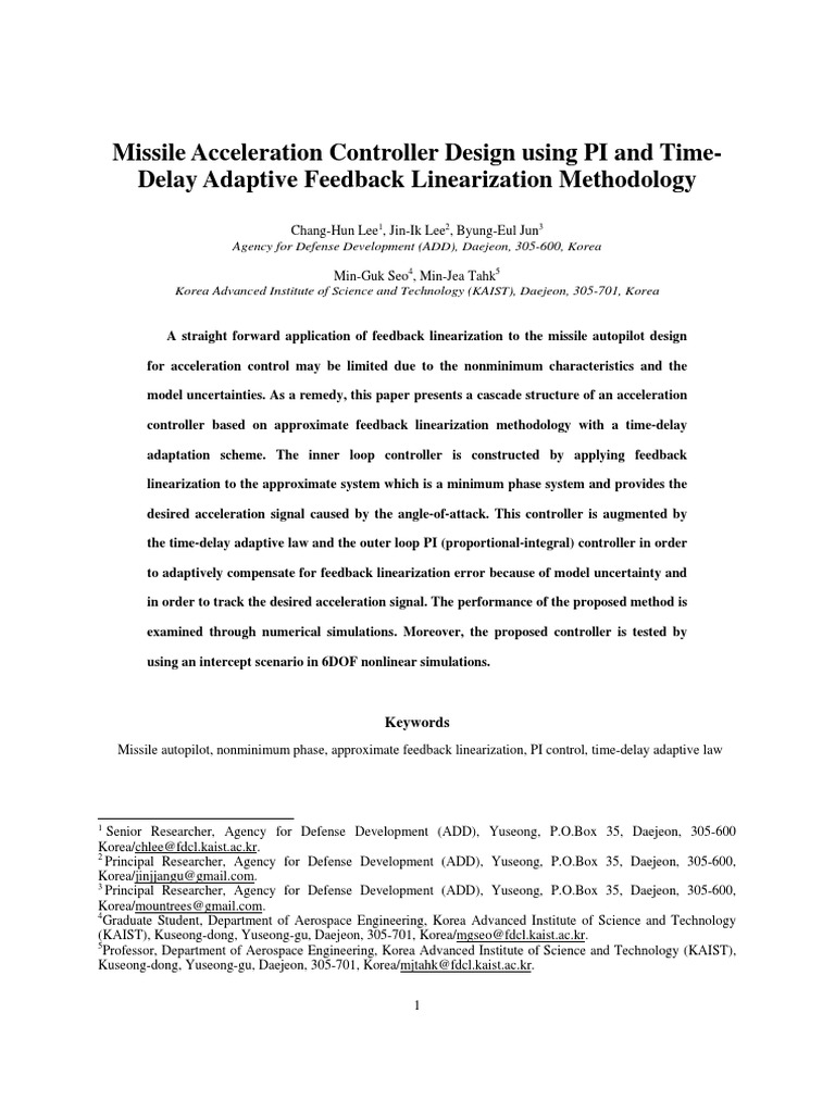 Missile Acceleration Controller Design Using PI and TimeDelay Adaptive Feedback Linearization ...